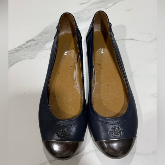 Coach | Shoes | Coach Womens Navy Leather Flats With Metallic Cap Toe ...